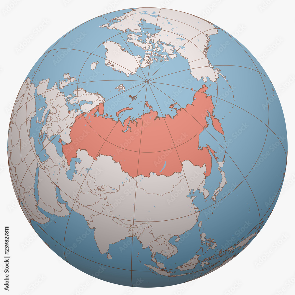 Russia on the globe. Earth hemisphere centered at the location of the ...