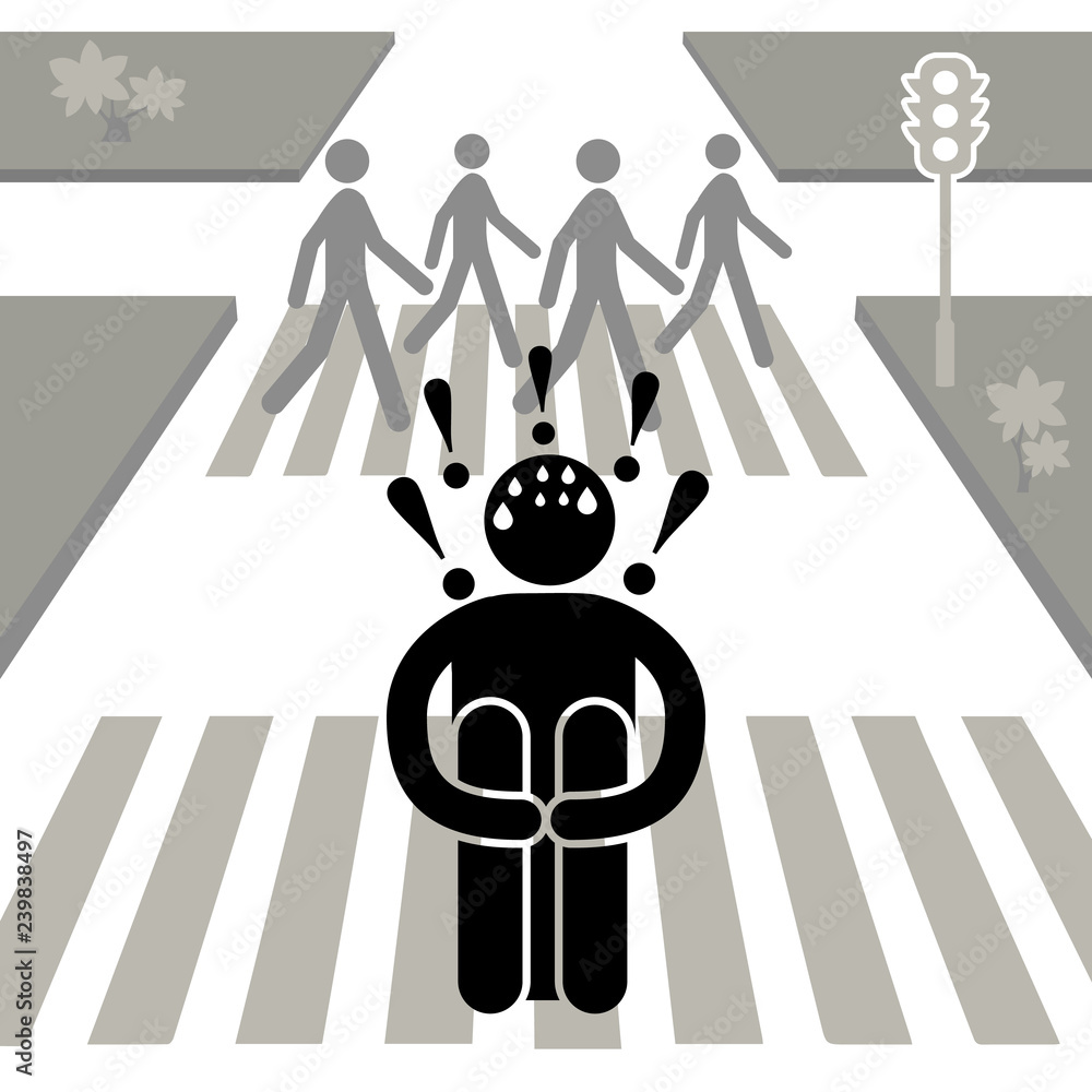 Dromophobia. Man is afraid to cross the street. The guy sitting on the ...