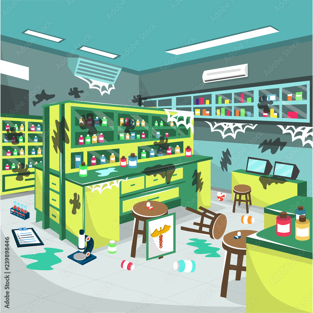 Dirty Medical Pharmacy Laboratory Hospital Room with Green Table Full ...
