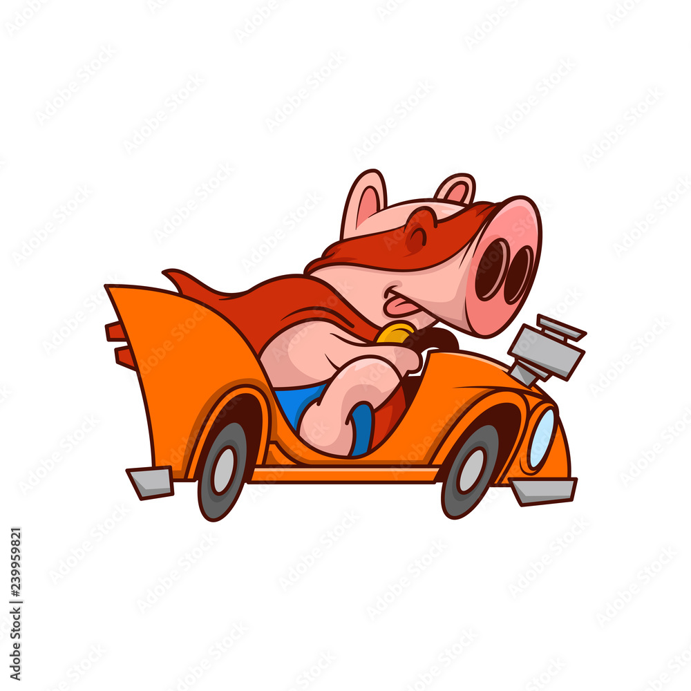 Vector de Stock Funny pig superhero fast riding car, rushing to rescue ...