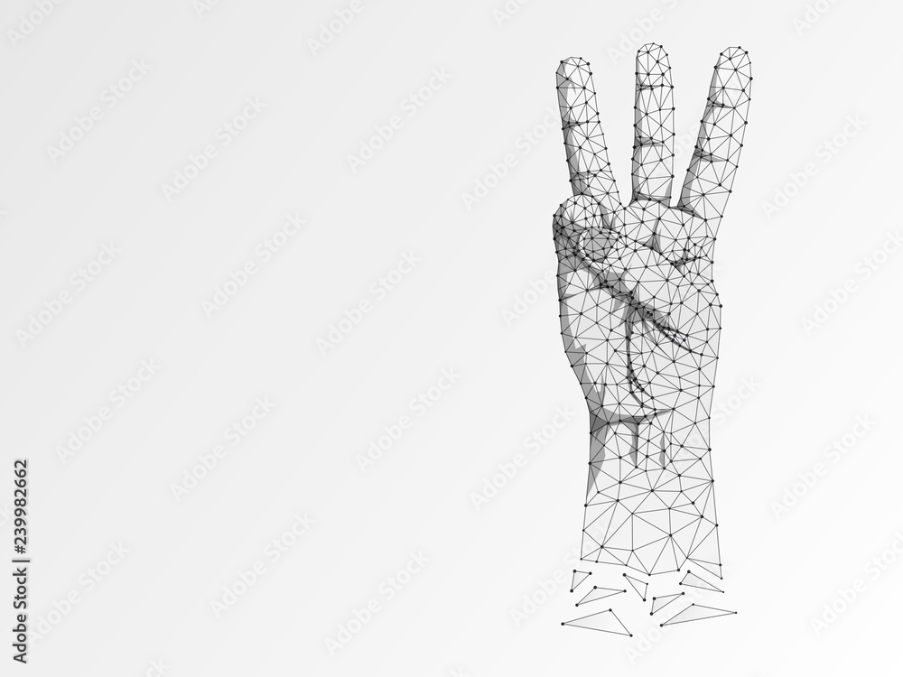 Origami style Sign language number six gesture, hand with three fingers ...