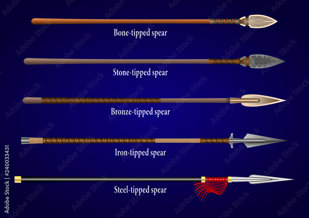 realistic set of historical fighting spears: bone, stone, bronze, iron ...