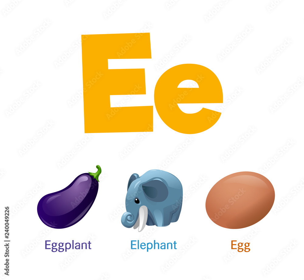 Cute children ABC animal alphabet flashcard words with the letter E for ...