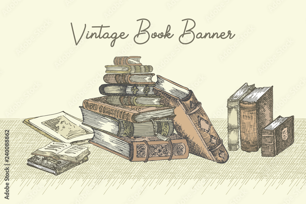 Banner with hand drawing sketch books. Concept vintage design for fair ...