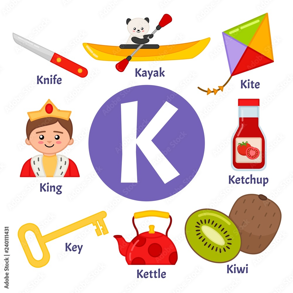 Vector cute kids animal alphabet. Letter K. Set of cute cartoon ...