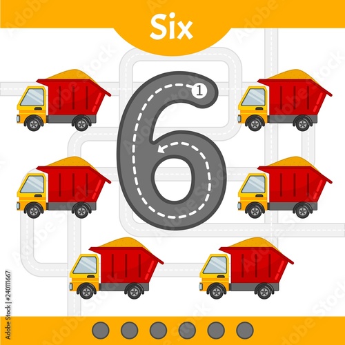 Kids learning material. Card for learning numbers. Number 6. Cartoon ...