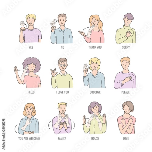 Vector Men Women Showing Basic Deaf mute Sign Language Symbol Smiling vector-men-women-showing-basic-deaf-mute-sign-language-symbol-smiling