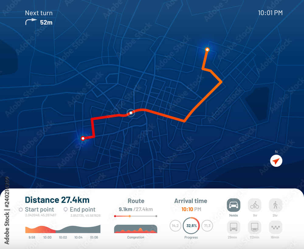 Route dashboard. City street map navigation, town running routes and ...
