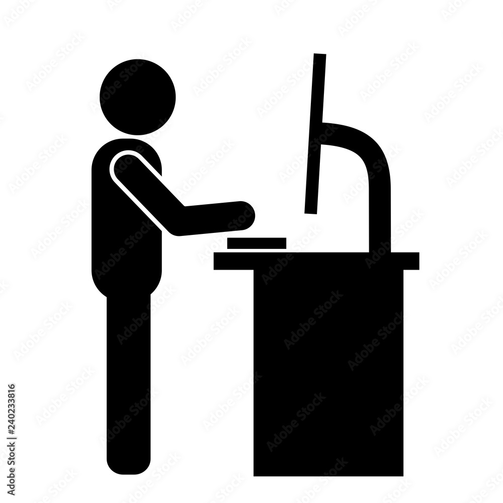 Man is working on the computer and pc, standing position and posture of ...