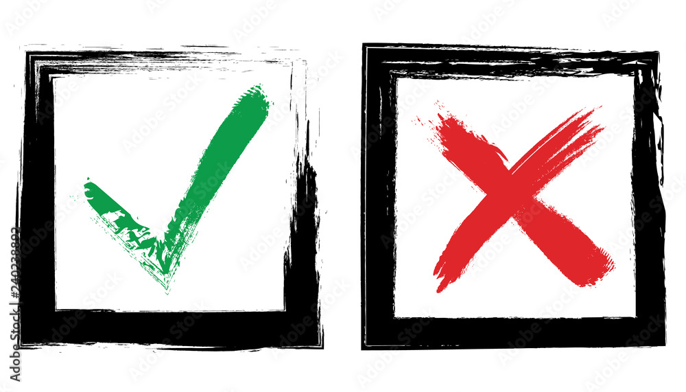 Check and X grunge hand drawn marks. Accepted and rejection signs in ...