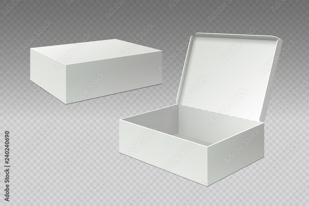 Realistic packaging boxes. Open mock up blank package, white square ...