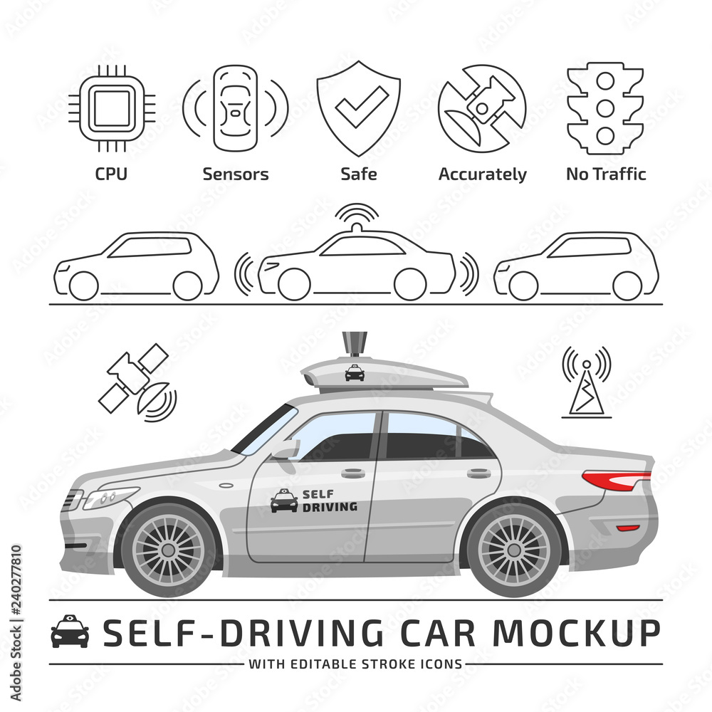 Self-driving white sedan car mockup. Autonomous driverless smart ...