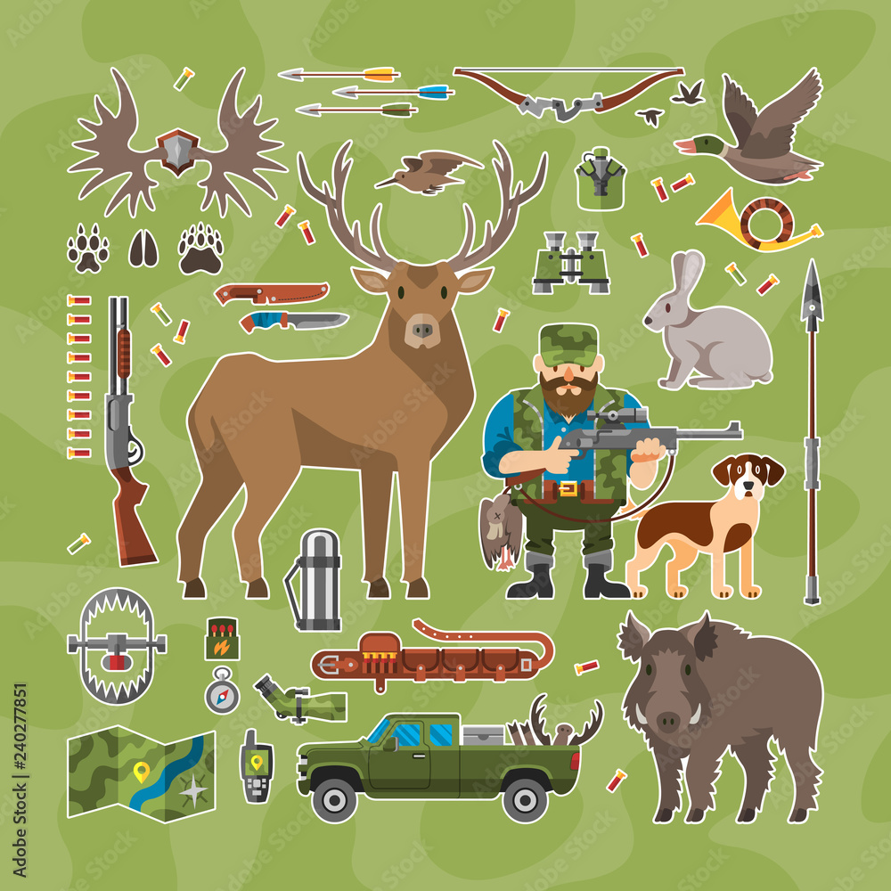 Vector hunting set with flat hunter, animal, camouflage background and ...