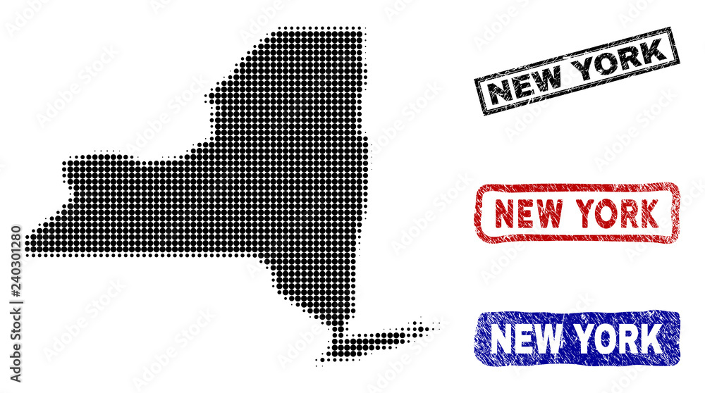 Halftone vector dot abstracted New York State map and isolated black ...