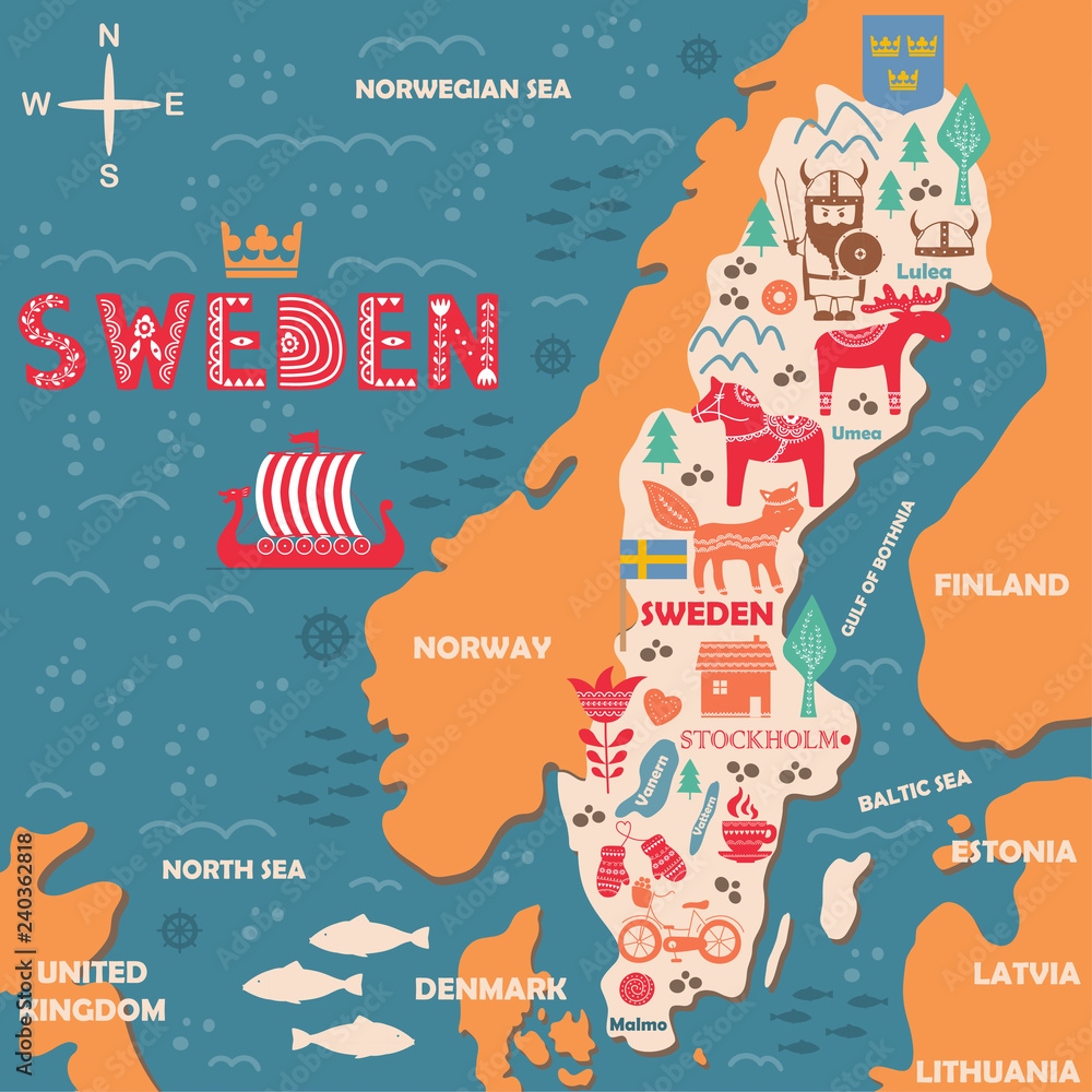 Sweden symbols map with tourist attractions Stock Vector | Adobe Stock