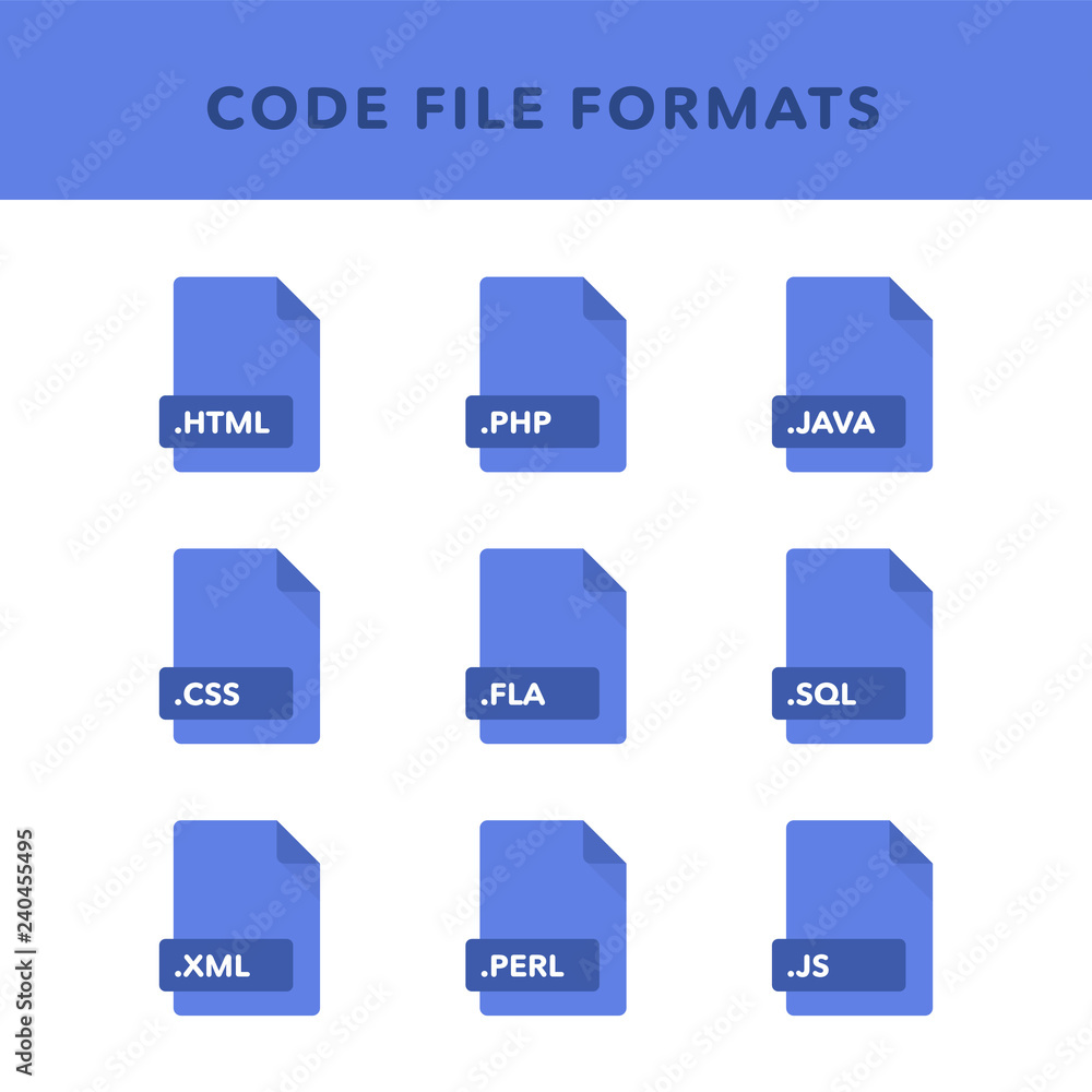 Set of code File Formats and Labels in flat icons style. Vector ...