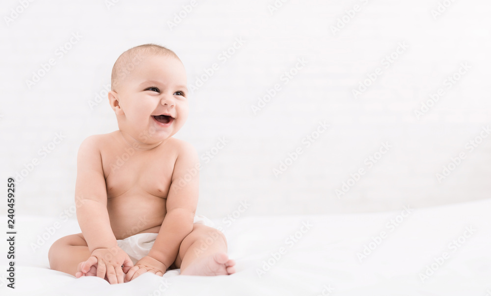 Cute baby sitting on white background, copy space Stock Photo | Adobe Stock
