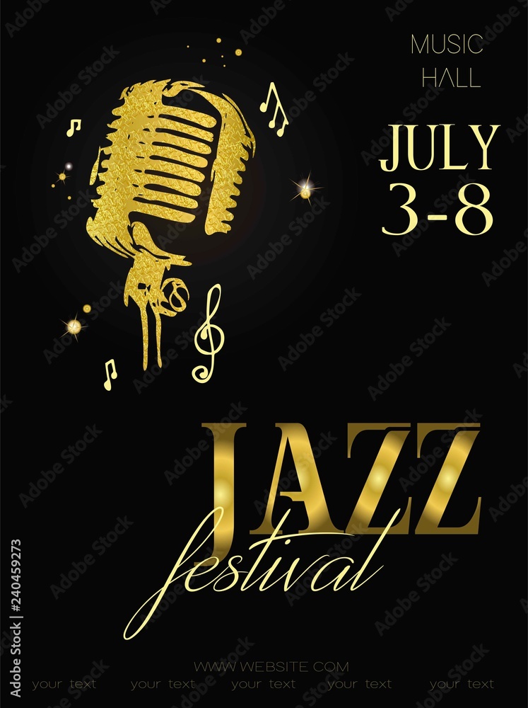 Jazz music festival, poster background template. Retro microphone with ...