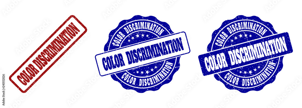 COLOR DISCRIMINATION grunge stamp seals in red and blue colors. Vector ...
