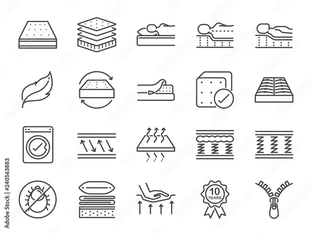 Mattress line icon set. Included the icons as washable cover ...