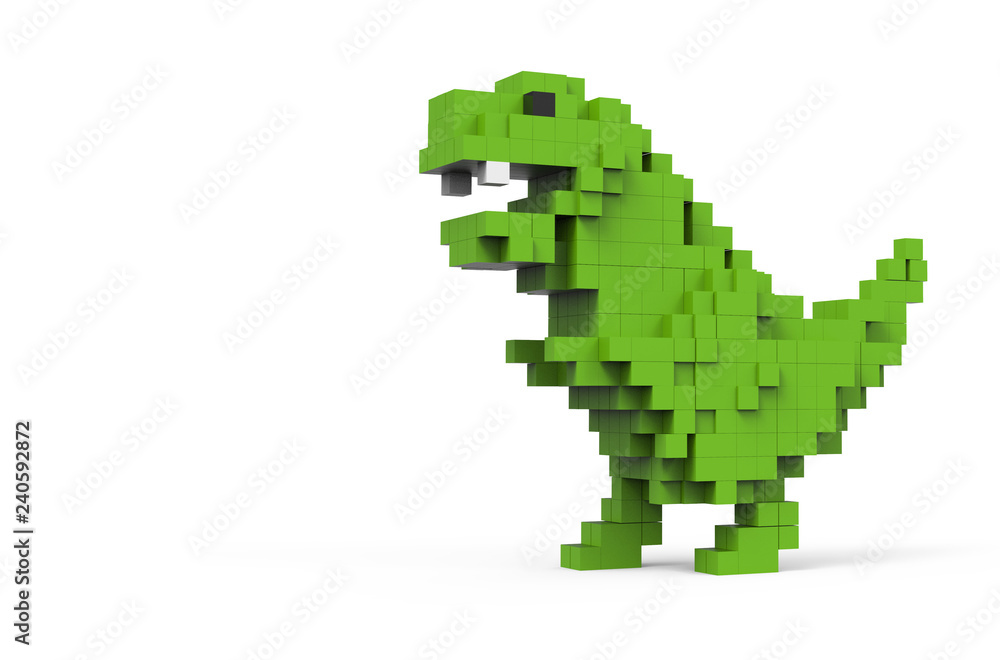 3D illustration of dinosaur pixel. Green Dino on white background pixel ...