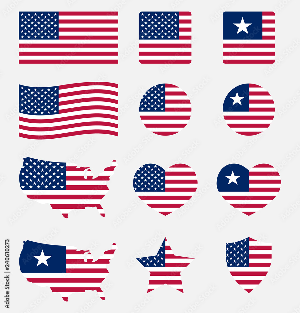 Vector de Stock USA flag symbols set, United states of America national ...