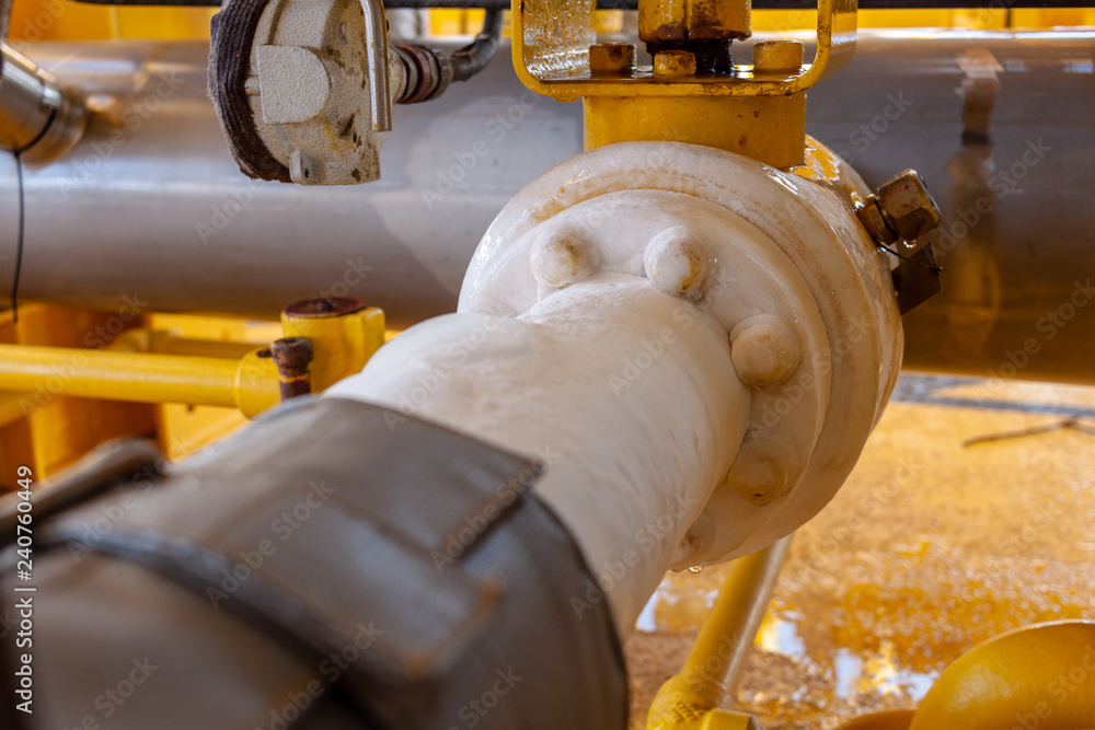 Ice frost at pipe in offshore oil and Gas central processing platform ...