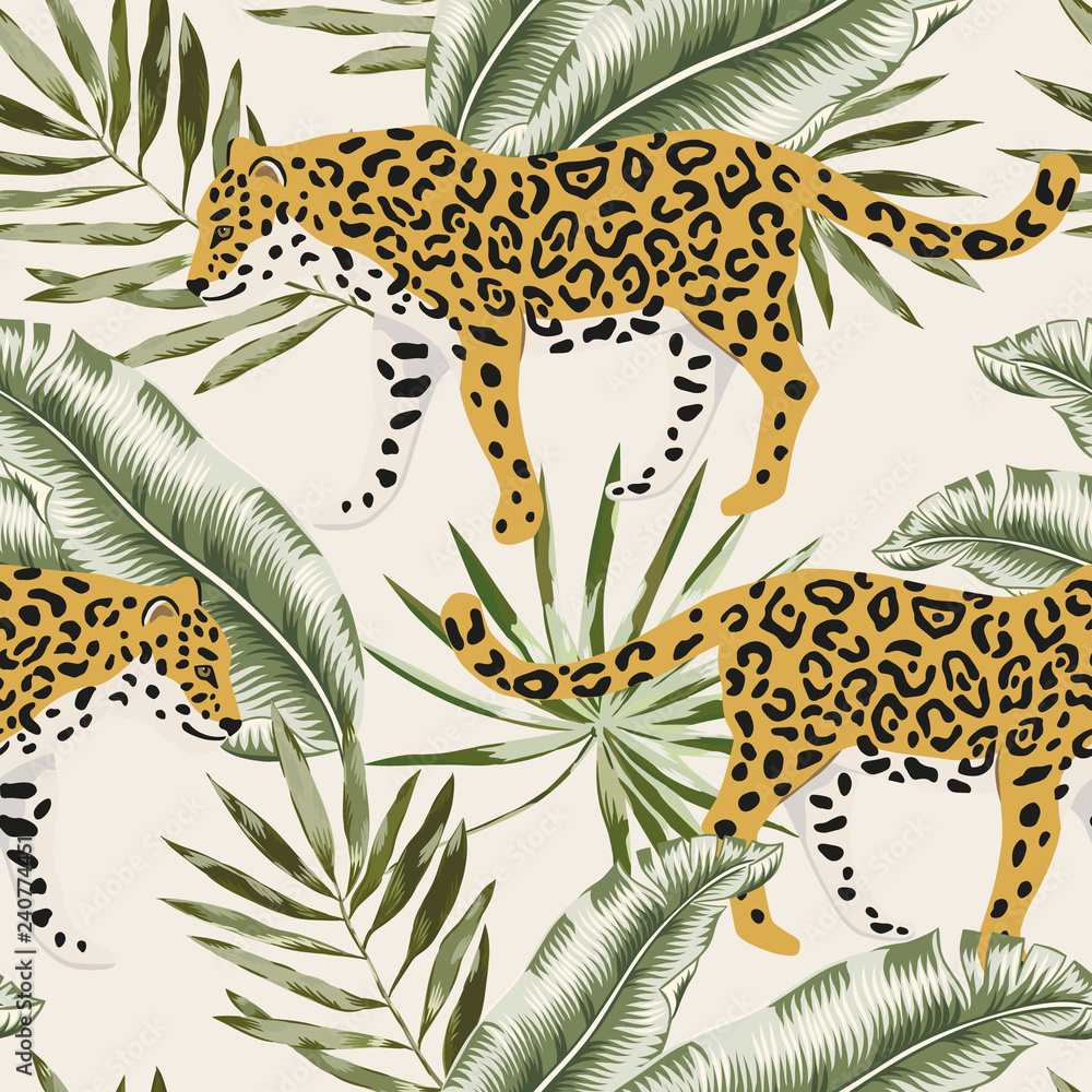 Tropical leopard animal, banana, palm leaves, beige background. Vector ...
