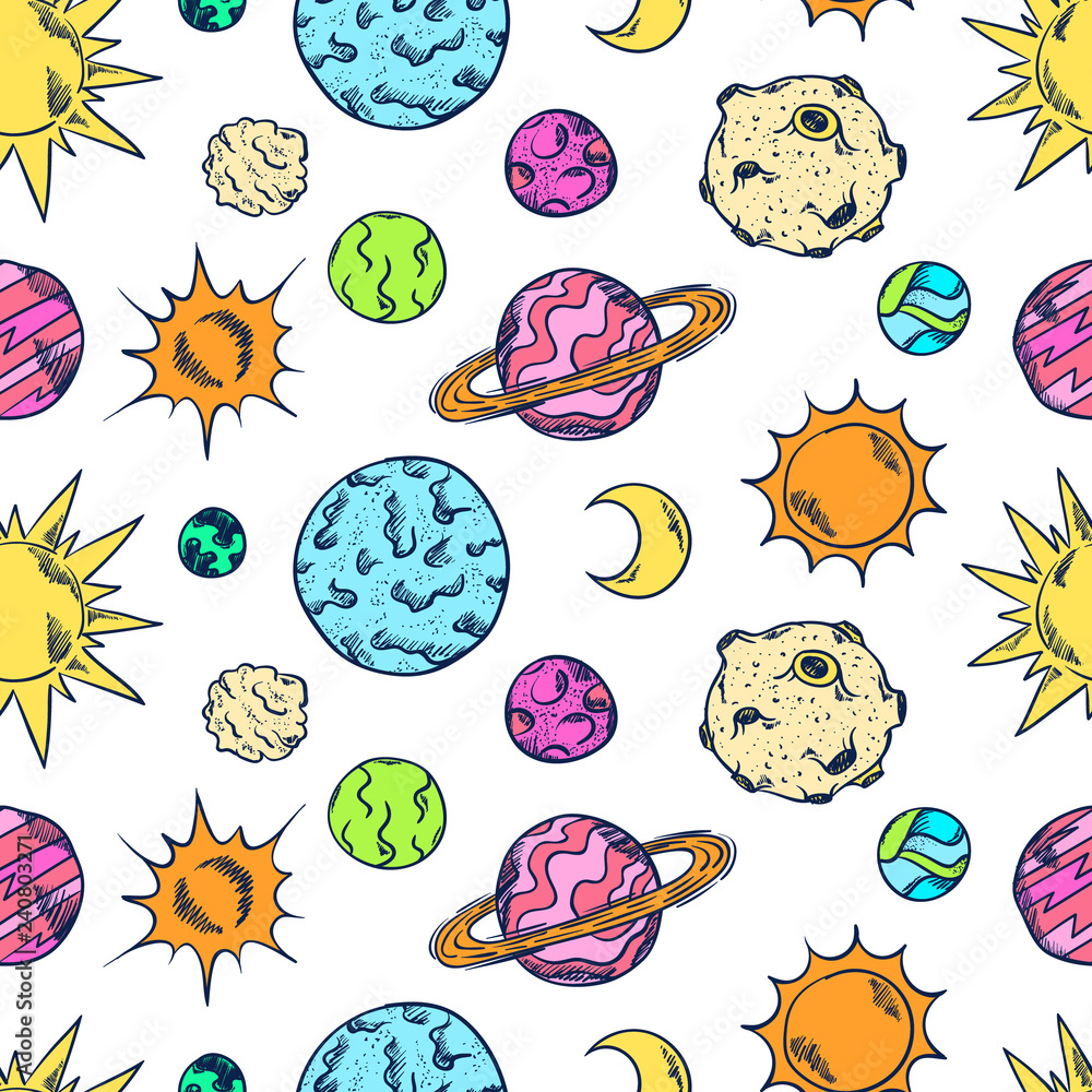 Space doodles pattern. Astronomy background. Cosmic sketches seamless ...