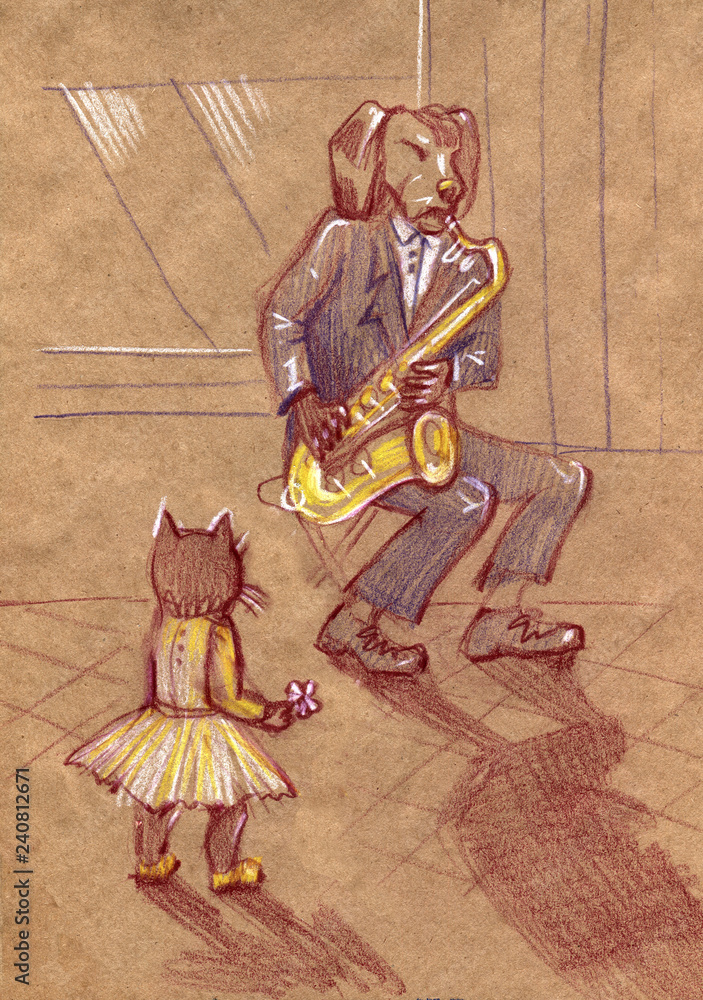 Hand - draw illustration. Dog musician playing the saxophone on the ...