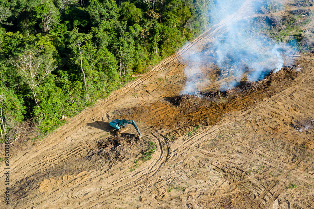 Top down aerial view of deforestation - jungle being removed and burnt ...