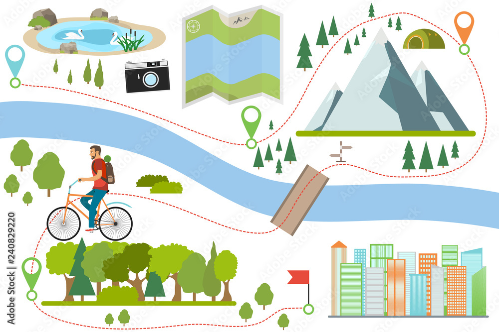 Bike route map. Riding a bike on a various outdoor locations, adventure ...
