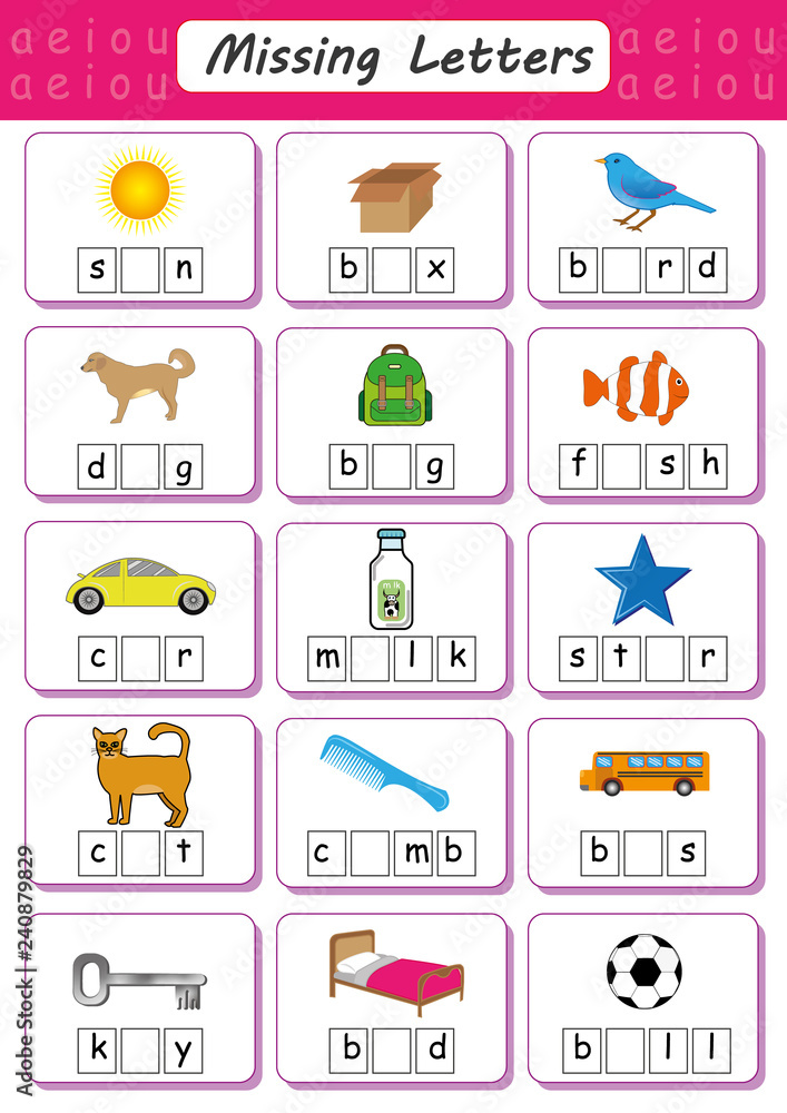 Write missing letter, Write the missing vowel, Worksheet for kids, Fill ...