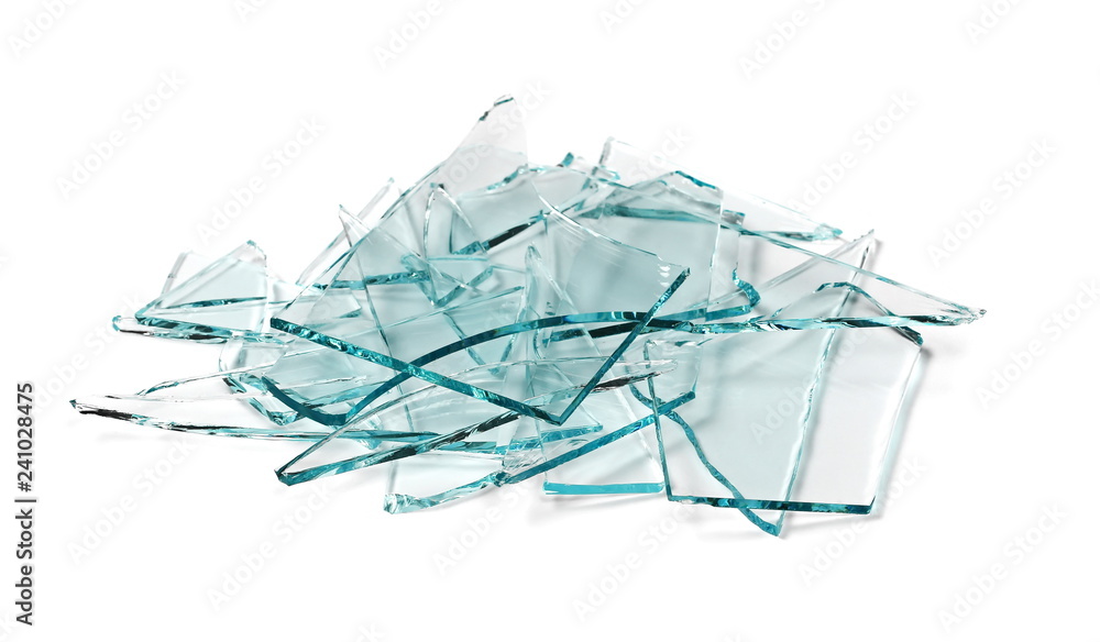 Broken glass pile pieces texture and background, isolated on white ...