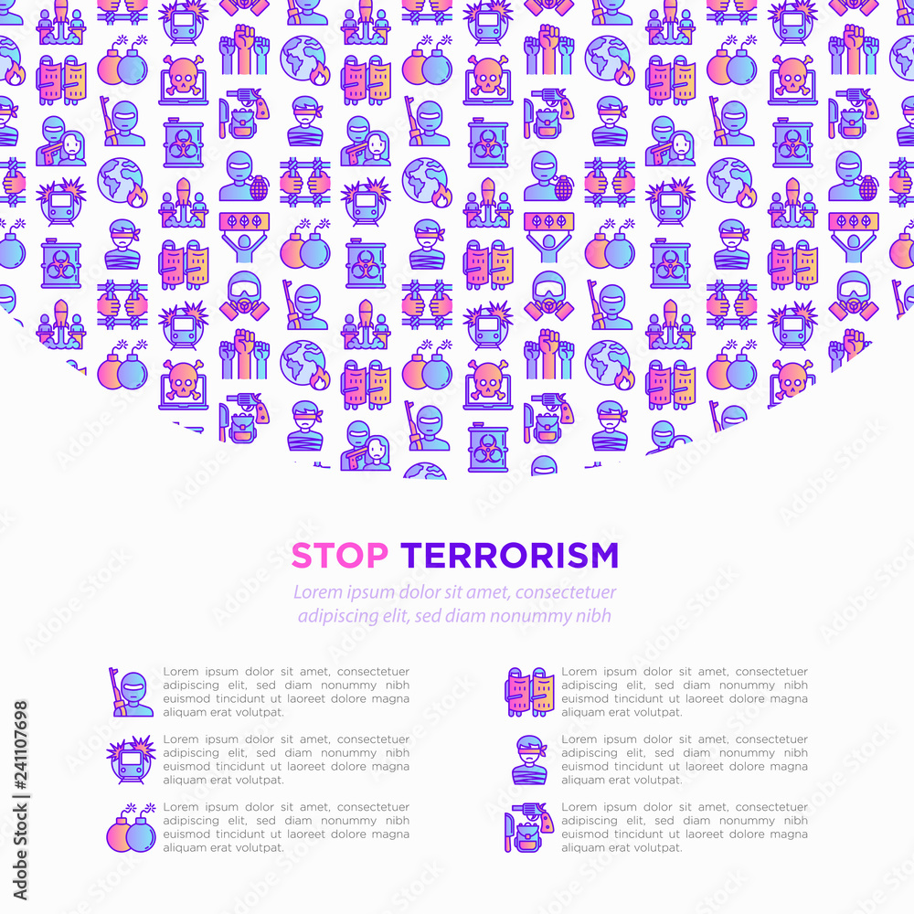 Stop terrorism concept with thin line icons: terrorist, civil disorder ...