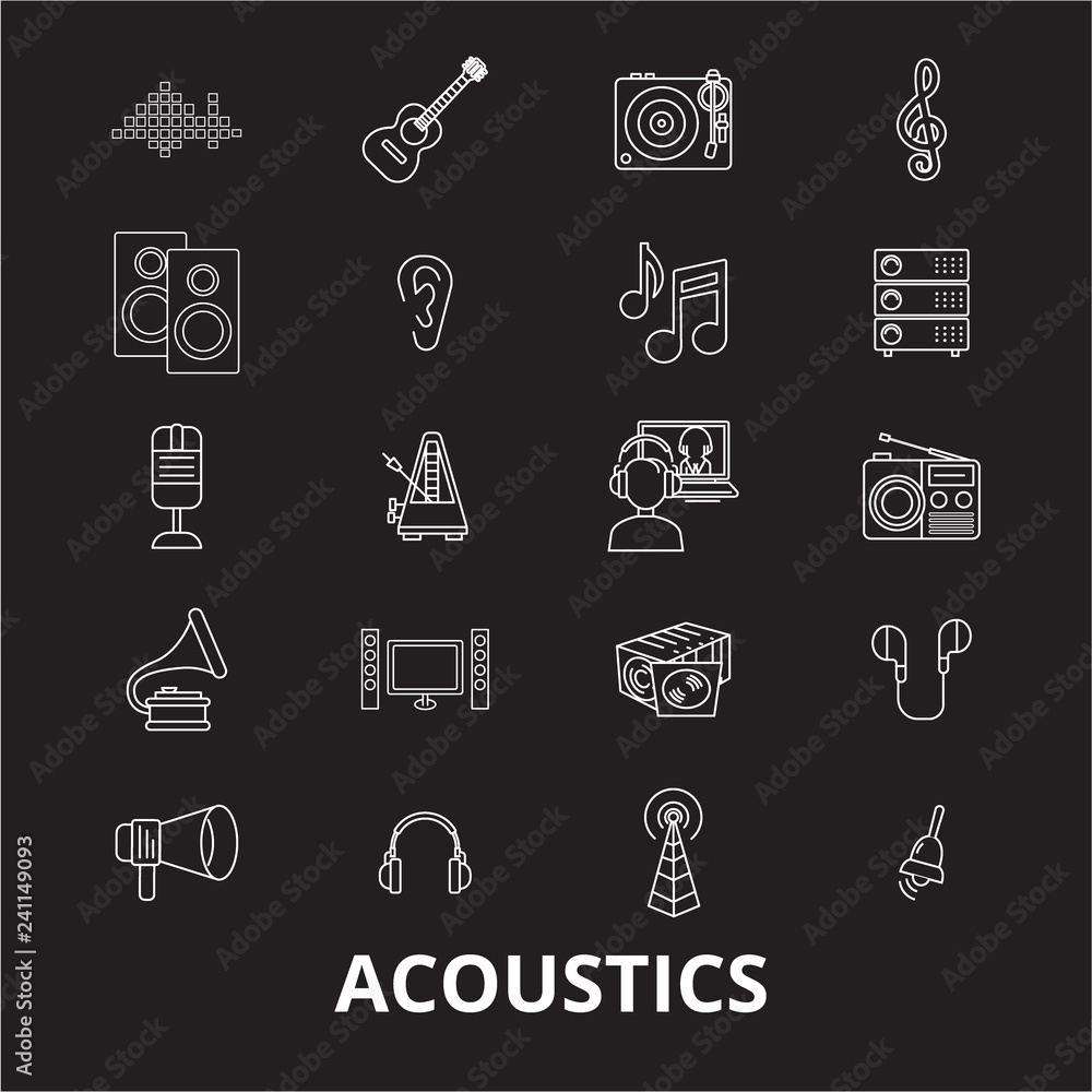 Acoustics editable line icons vector set on black background. Acoustics ...