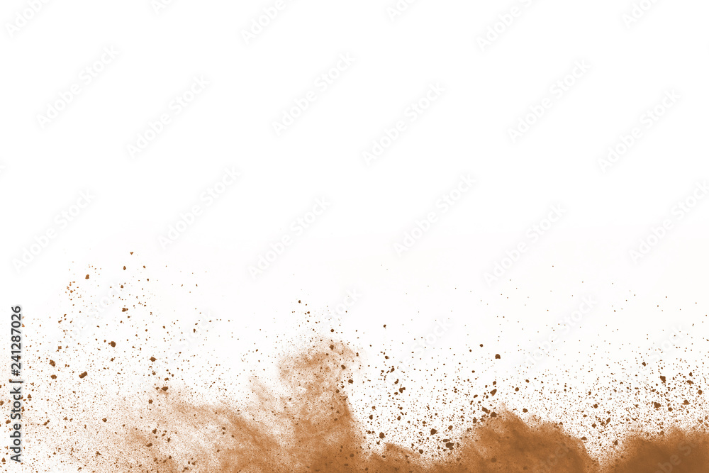 Brown color powder explosion on white background. Colored cloud ...