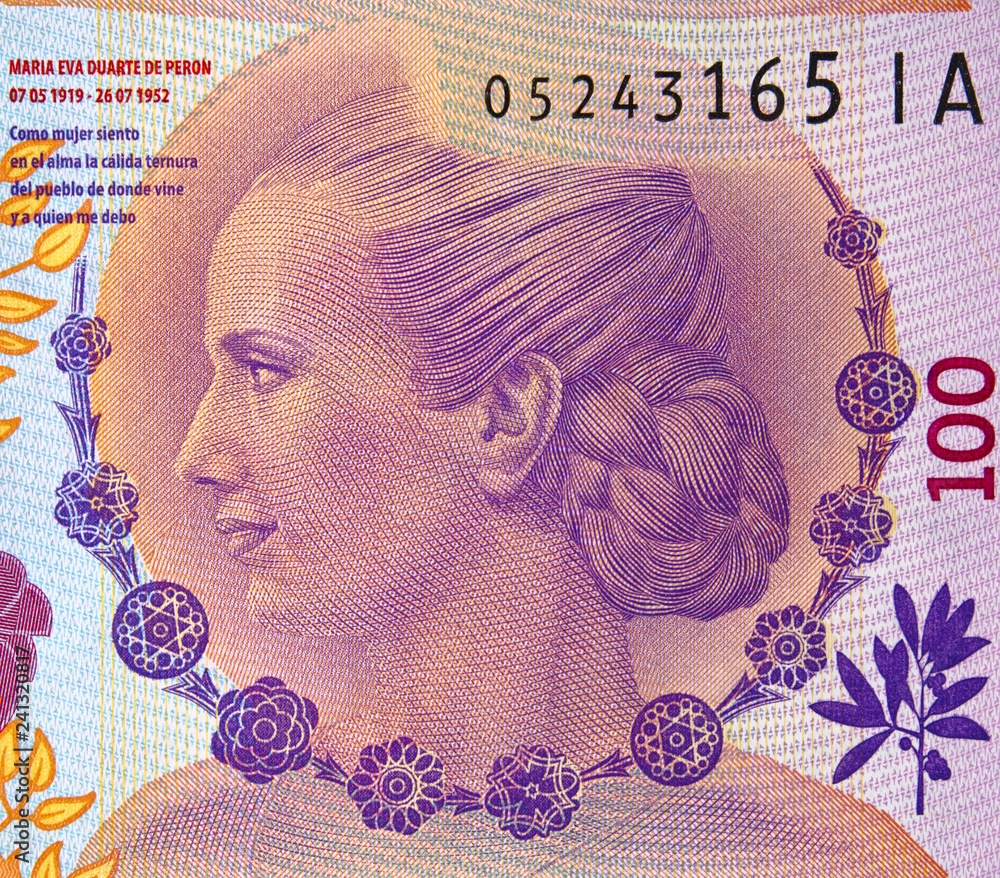 Eva Peron portrait on Argentine 100 peso (2017) banknote. Powerful ...