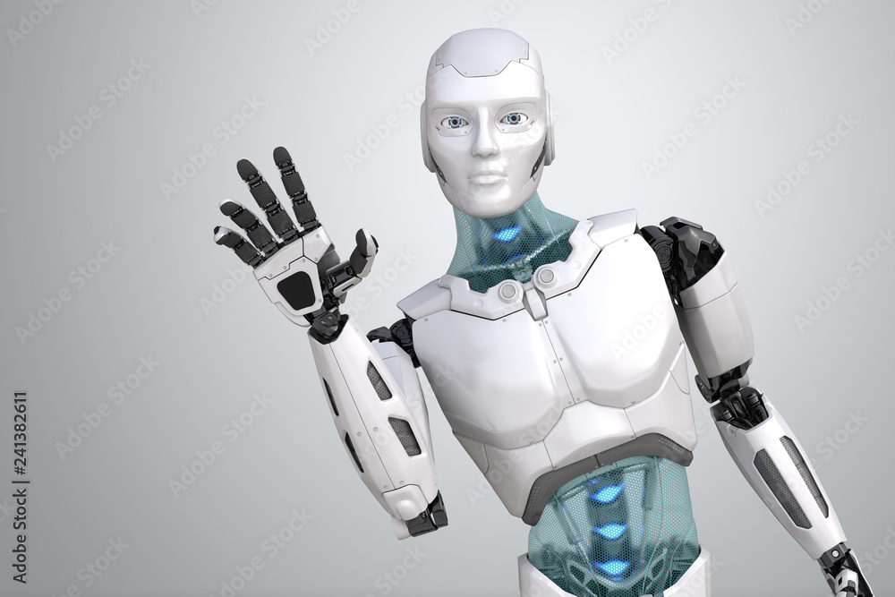 Greeting robot waves his hand Stock Photo | Adobe Stock