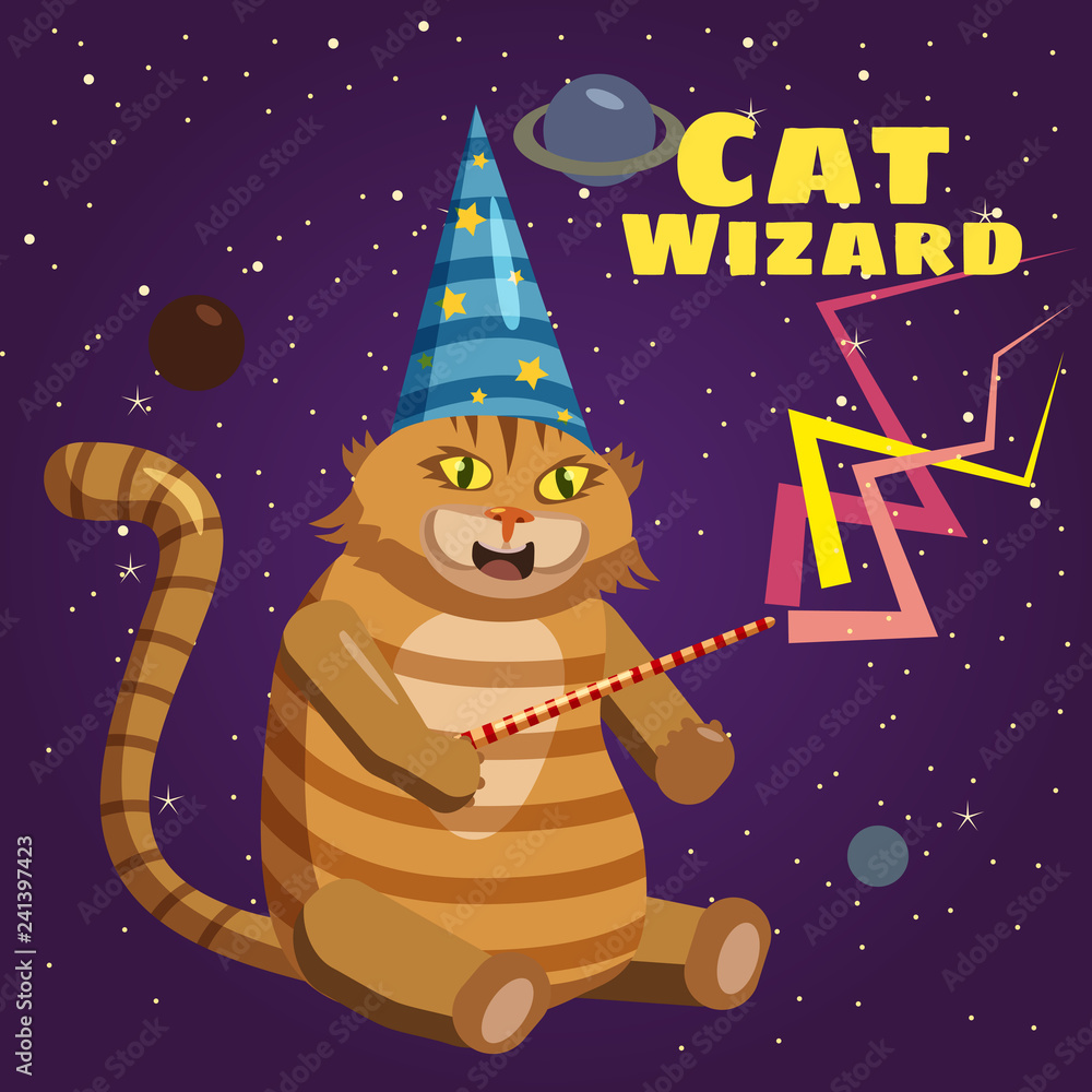 Cat wizard, character, background stars of the planet, meme, magic wand, cartoon style, vector ...