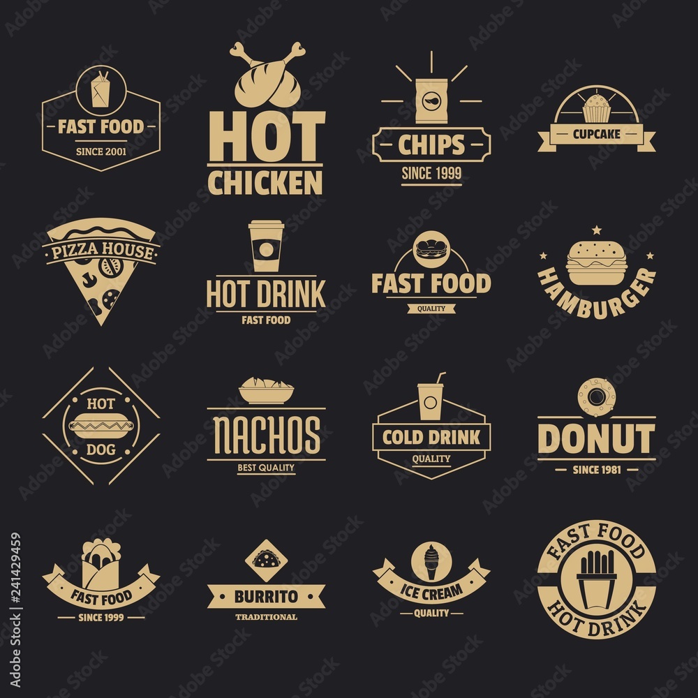 Fast food logo icons set. Simple illustration of 16 fast food logo ...