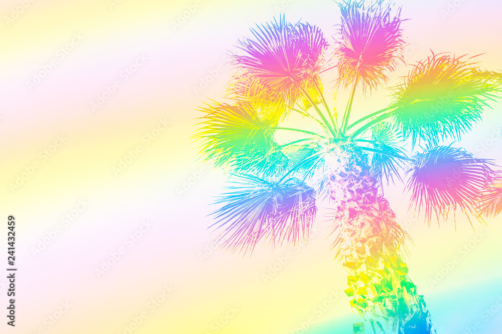 Palm tree on sky background toned in rainbow colors. Surrealistic funky ...