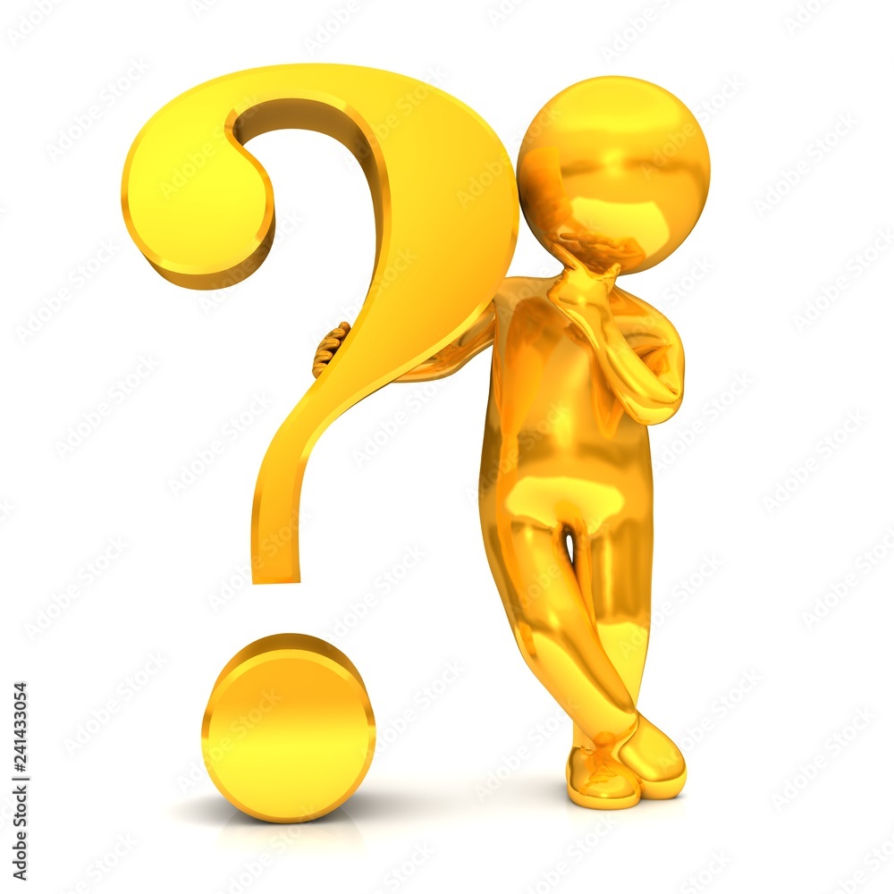 golden question mark 3d with thinking stick figure man person ...