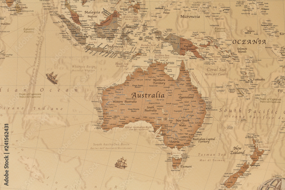 Ancient geographic map of Oceania with names of the countries Stock ...