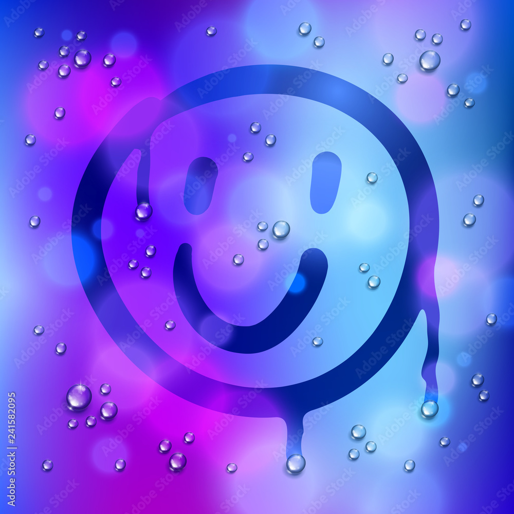 Cute smiley drawn on a window over blurred background and water rain ...