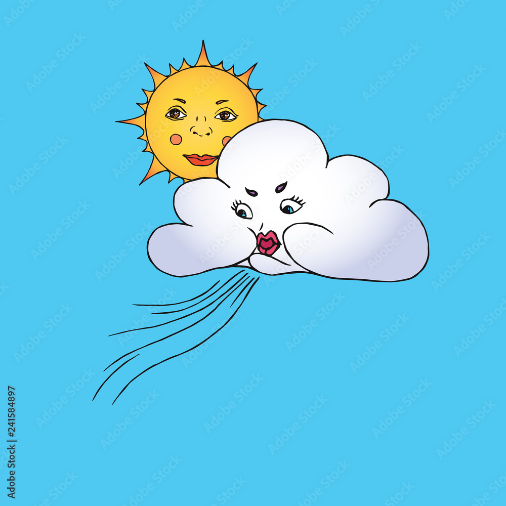 Cloud with funny face blowing wind from it`s lips, sun behind, hand drawn doodle, sketch ...