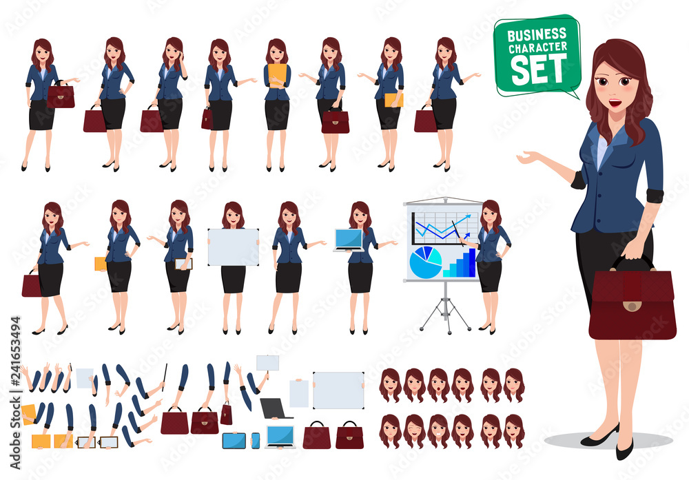 Female business character vector set. Office woman talking and holding ...