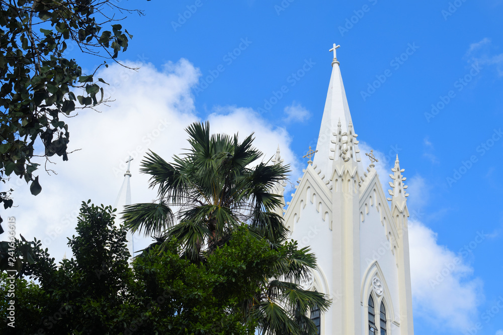 Streets of the Philippine cities. The domes of a catholic temple ...