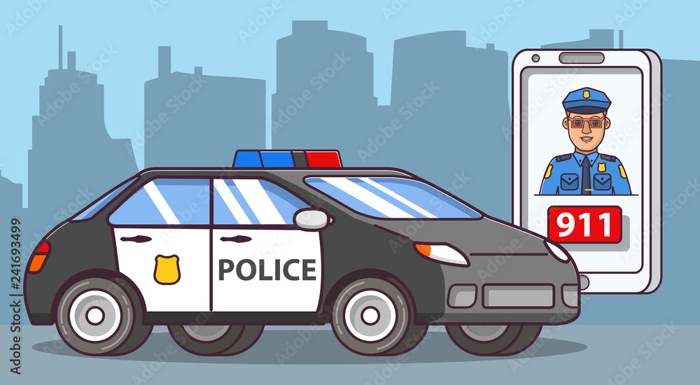 Police officer cartoon character. Police car side view. Patrol vehicle ...