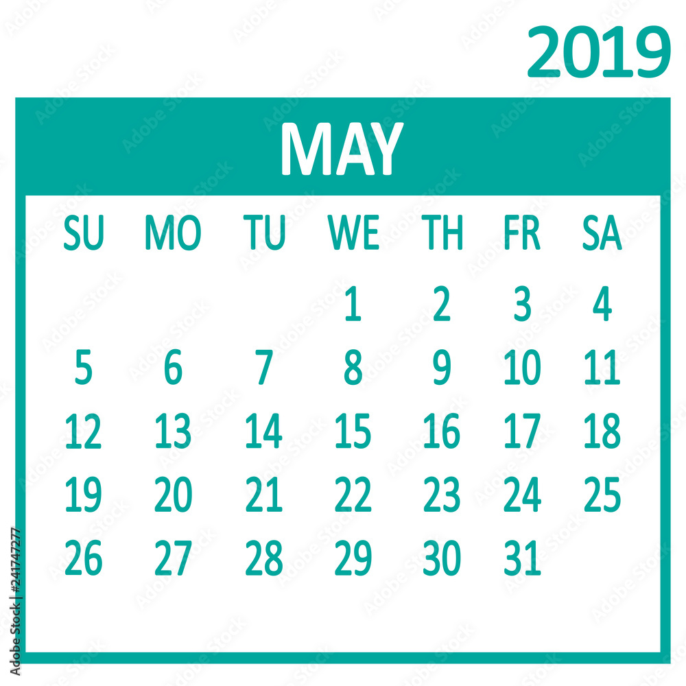 May. Fifth page of set. Calendar 2019, template. Week starts from ...